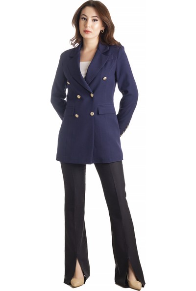 Defile Lüx Gold Düğme Detaylı Blazer Ceket Lacivert