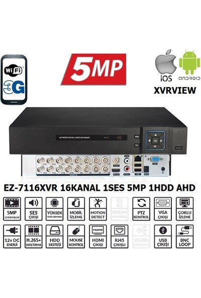 Ezcool EZ-7116XVR 16CH 5MP Koaksiyel Ses XVRView Kayıt Cihazı Ezcool EZ-7116XVR 16CH 5MP Koaksiyel Ses XVRView Kayıt Cihazı