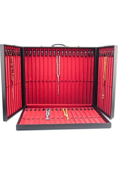 Vitrin Kutu Deri Tesbih Takı Çantası 53 Kanallı Siyah/kırmızı
