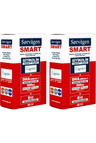 Sorvagen Smart Sitikolin, Dha Omega 3 ve B12 (30 Kapsül) - 2 Adet Sorvagen Smart Sitikolin, Dha Omega 3 ve B12 (30 Kapsül) - 2 Adet