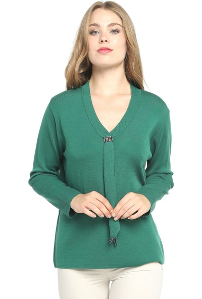 Solo Kristal Taş Kravatli Triko Kadın Kazak