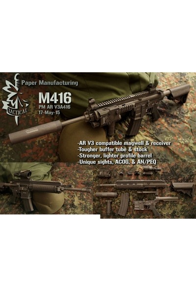 SLD 1:1 95 cm HK416 M416 Çenealtı Sadırı Tüfeği 3D Kağıt Modeli (Yurt Dışından)