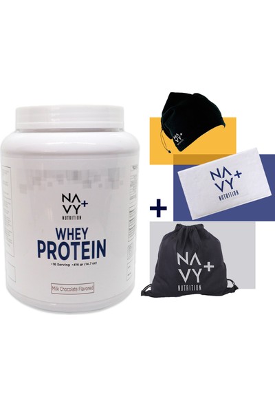 Navy Plus Nutrition Whey Protein Tozu 416 gr Sütlü Çikolata Aromalı + Askılı Çanta + Boyunluk Bere + Antrenman Havlusu Hediye Navy Plus Nutrition Whey Protein Tozu 416 gr Sütlü Çikolata Aromalı + Askılı Çanta + Boyunluk Bere + Antrenman Havlusu Hediye