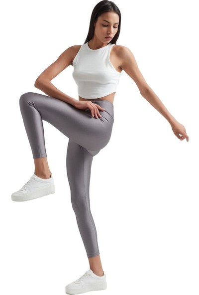 We Secrets Parlak Gri Tayt, Trend Moda Rahat Spor Şık Tayt, Disco Tayt