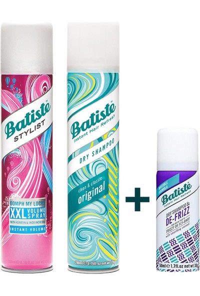 Batiste Xxl Ekstra Hacim Veren Kuru Şampuan + Orijinal Kuru Şampuan + De-Frizz 50ML Set Batiste Xxl Ekstra Hacim Veren Kuru Şampuan + Orijinal Kuru Şampuan + De-Frizz 50ML Set