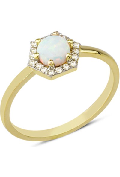 Harem Altın 14 Ayar Altın Beyaz Taşlı Altıgen Yüzük YZK062A