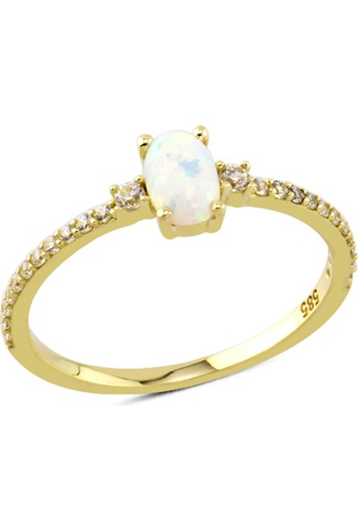 Harem Altın 14 Ayar Altın Beyaz Oval Yan Taşlı Yüzük YZK099A