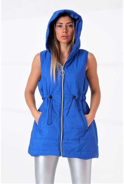 Keyifli Moda Kadın Saks Mavi Kapüşonlu Cepli Belden Büzülebilir Şişme Yelek