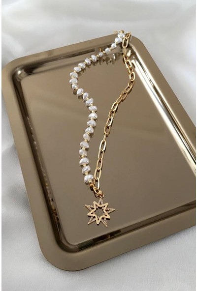 His Takı Gold Yıldız Uçlu Incili Zincir Kolye