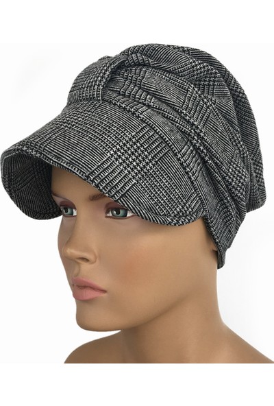 Vera Bone Hazır Türban Şapka Alya Bone Siyah Beyaz Ekoseli Ince Triko