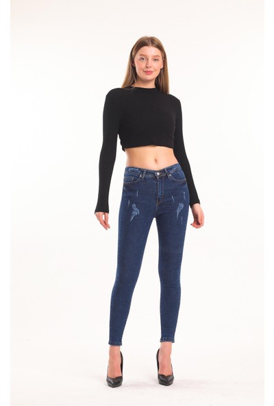 Questo Kadın Mavi Full Likralı Yüksek Bel Jean Lazer Kot Pantolon ORI0-119