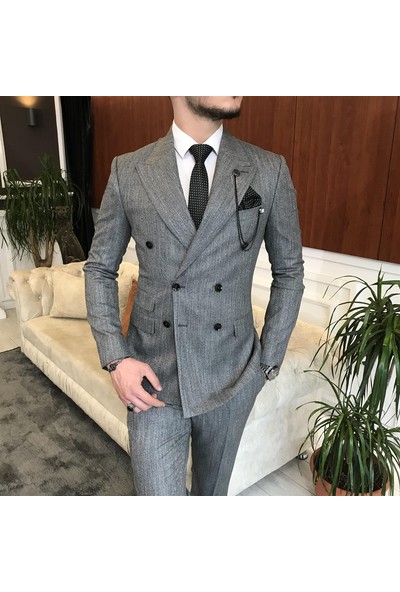 Terzi Adem Italyan Stil Kruvaze Ceket Pantolon Takım Elbise Gri T6756