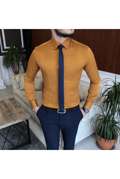 Terzi Adem Italyan Stil Slim Fit Erkek Kravat Yaka Gömlek Hardal T6819 Terzi Adem Italyan Stil Slim Fit Erkek Kravat Yaka Gömlek Hardal T6819