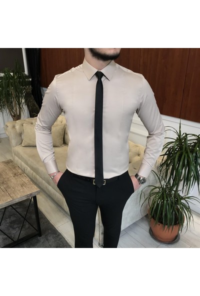 Terzi Adem Italyan Stil Slim Fit Erkek Kravat Yaka Gömlek Bej T6821 Terzi Adem Italyan Stil Slim Fit Erkek Kravat Yaka Gömlek Bej T6821
