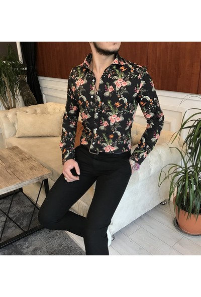 Terzi Adem Italyan Yaka Slim Fit Erkek Desenli Pamuk Gömlek Siyah T6872