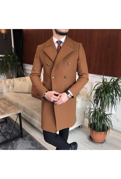 Terzi Adem Italyan Stil Metal Düğme Kruvaze Yün Kaşe Kaban Camel T6823 Terzi Adem Italyan Stil Metal Düğme Kruvaze Yün Kaşe Kaban Camel T6823