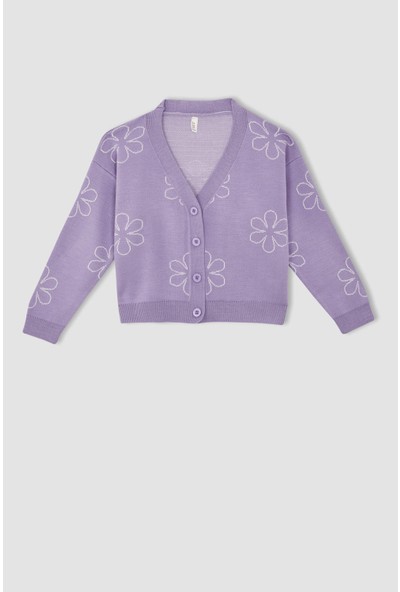 DeFacto Kız Çocuk Regular Fit Çiçek Desenli V Yaka Düğmeli Triko Hırka X3068A622SP