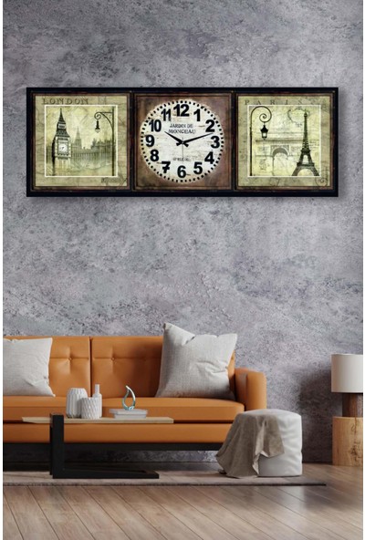 Fupe Shop Duvar Saati - 122908 - Dekoratif Duvar Saati Kanvas Tablo 100 x 40 x 4