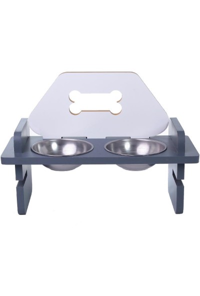 Woody Life Gri Beyaz Kemik Desenli Yüksekliği Ayarlanan Kedi ve Köpek Mama ve Su Kabı Çelik Kaseli