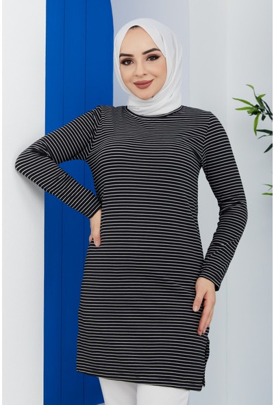 İmaj Butik Çizgili Uzun Kol Penye Tunik/siyah