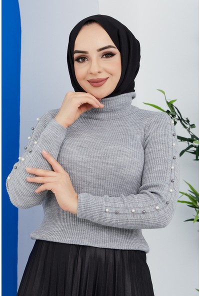 İmaj Butik Kolu Inci Detaylı Tam Boğaz Tesettür Kazak/gri