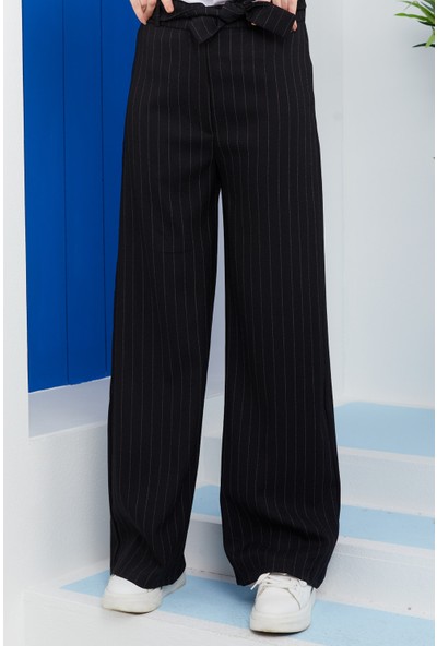 İmaj Butik Çizgi Detaylı Kumaş Palazzo Pantolon/siyah