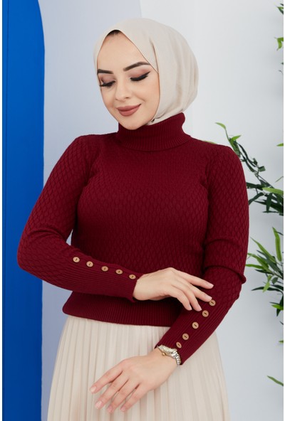 Saç Örgü Detaylı Tam Boğaz Tesettür Kazak/bordo