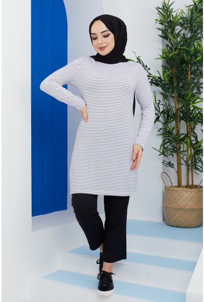 İmaj Butik Çizgili Uzun Kol Penye Tunik/beyaz