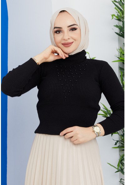 İmaj Butik Önü Inci Detaylı Tesettür Kazak/siyah