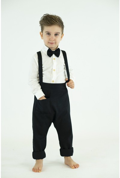 Catz Kids - Siyah Gabardin Harem Salopet + Klasik Uzun Kollu Gömlek + Papyon