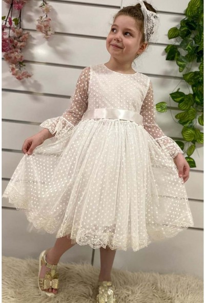 Mnk Beyaz Yeni Nesil Dantel Kız Çocuk Elbise