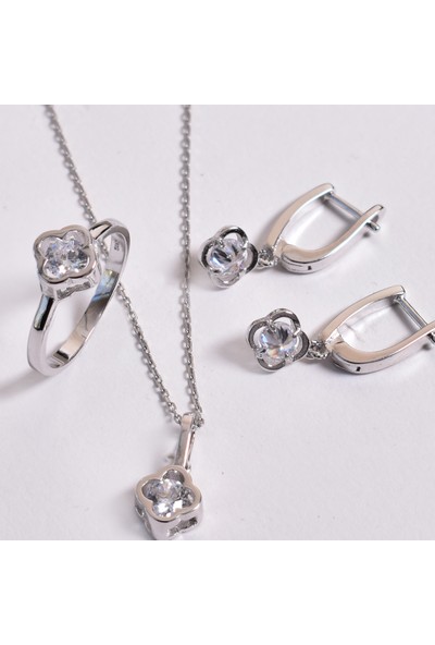 Feniks Silver Yonca Kolye, Yüzük ve Küpe 925 Ayar Gümüş 3'lu Set