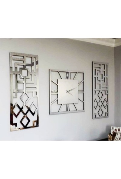 Eyka Store Aynalı Pleksi Gümüş Duvar Saati 40X40 cm Yan Ayna 20X50 cm 3'lü Şık Dekoratif Takım Eyka Store Aynalı Pleksi Gümüş Duvar Saati 40X40 cm Yan Ayna 20X50 cm 3'lü Şık Dekoratif Takım