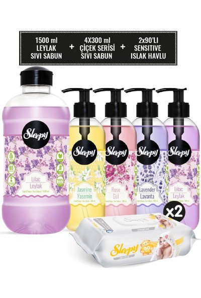 Sleepy Leylak Sıvı Sabun 1500 ml & Çiçek Serisi Sıvı Sabun Seti + Sensitive Islak Havlu 2X90 Sleepy Leylak Sıvı Sabun 1500 ml & Çiçek Serisi Sıvı Sabun Seti + Sensitive Islak Havlu 2X90