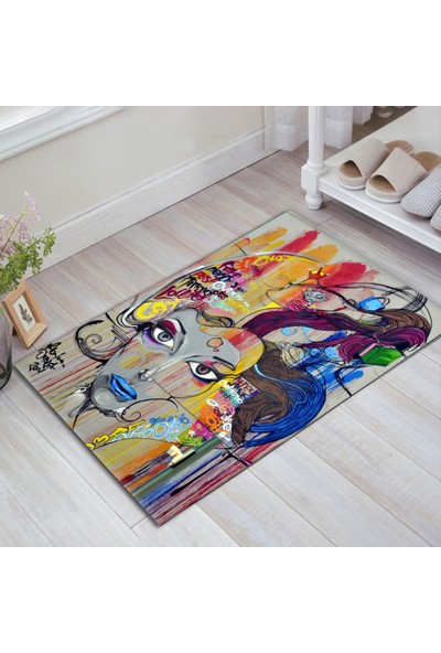 Alcahome Graffiti Kadın Yüzü Desen Dekoratif Ev İçi - Kapı Önü Paspası