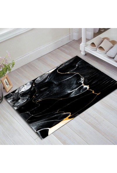 Alcahome Siyah Sarı Geçişli Mermer Desen Dekoratif Ev İçi - Kapı Önü Paspası