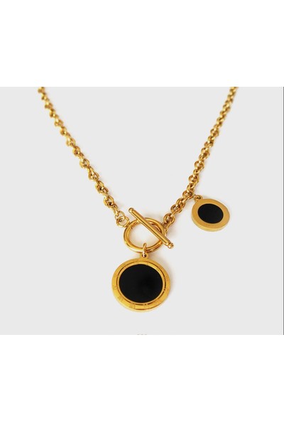 Burak Siyah Taşlı Altın Kaplama Çelik Kolye