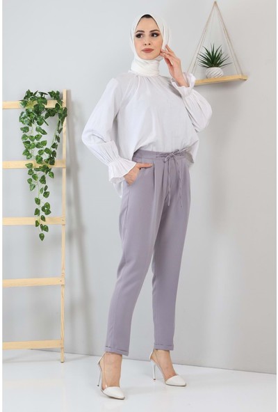 Moda Mihram Beli Bağcıklı Kumaş Pantolon Gri