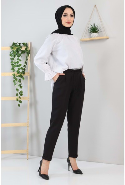 Moda Mihram Beli Bağcıklı Kumaş Pantolon Siyah