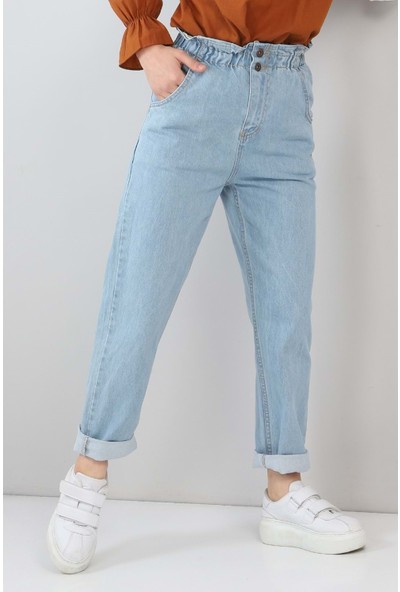 Moda Mihram Beli Lastikli Kot Pantolon Açık Mavi Moda Mihram Beli Lastikli Kot Pantolon Açık Mavi