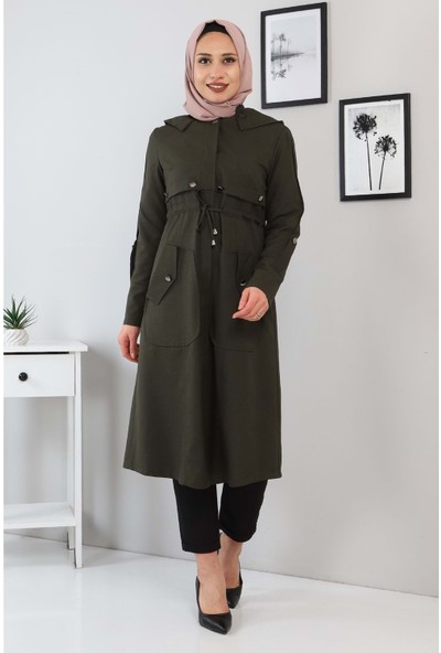 Moda Mihram Düğmeli Kapşonlu Kap Haki Moda Mihram Düğmeli Kapşonlu Kap Haki