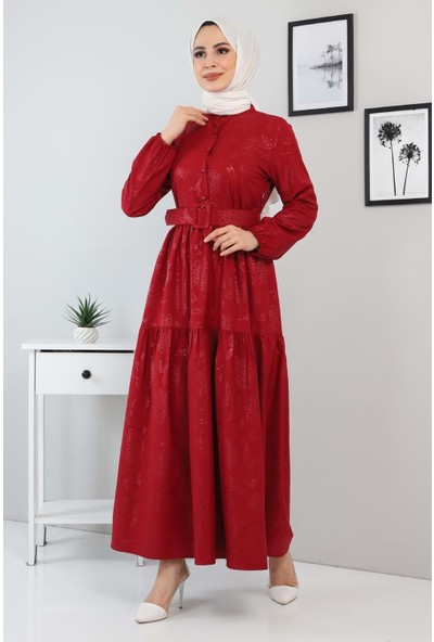 Moda Mihram Yakma Desenli Fırfırlı Elbise Bordo Moda Mihram Yakma Desenli Fırfırlı Elbise Bordo