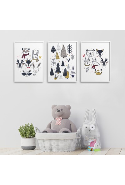 Home Pack Ahşap Çerçeveli Çoçuk Odası 3 Lü Tablo Seti