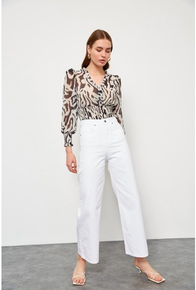 Evridica Ekru Yüksek Bel Bol Paça Jean