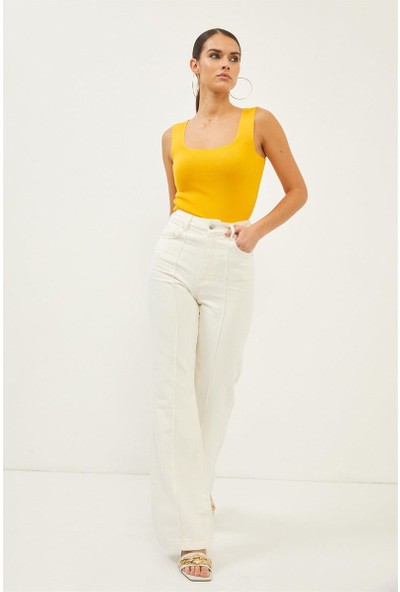 Setre Beyaz Yüksek Bel Bol Paça Jean