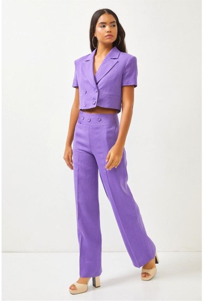 Setre Mor Crop Gömlek Düğmeli Palazzo Pantolon Takım
