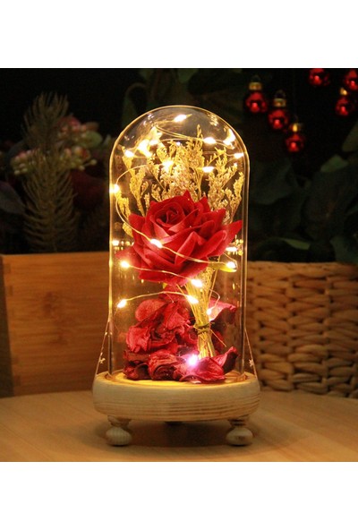 Hediye Biziz Solmayan Gül Işıklı Cam Fanus Ahşap Standlı Kırmızı