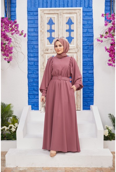 Neways Kemerli Krep Elbise Gül Kurusu 6583