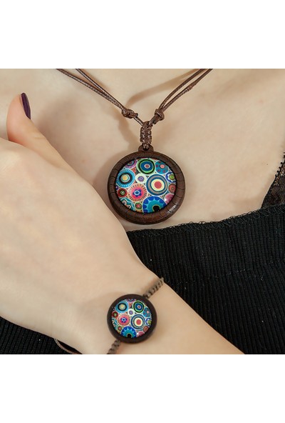 Kaplan Kolye ve Bileklik Set (Çam,ahşap,deri) Ebru Motifli