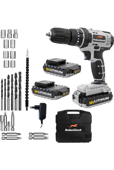 Rebellisch Germany 58 V 8 Ah Kraft Series Darbesiz Metal Şanzıman Çift Akülü Vidalama Matkap + 27 Parça Setli